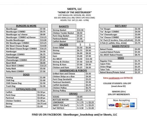 SKEETS, LLC menu in Wesson, Mississippi, USA