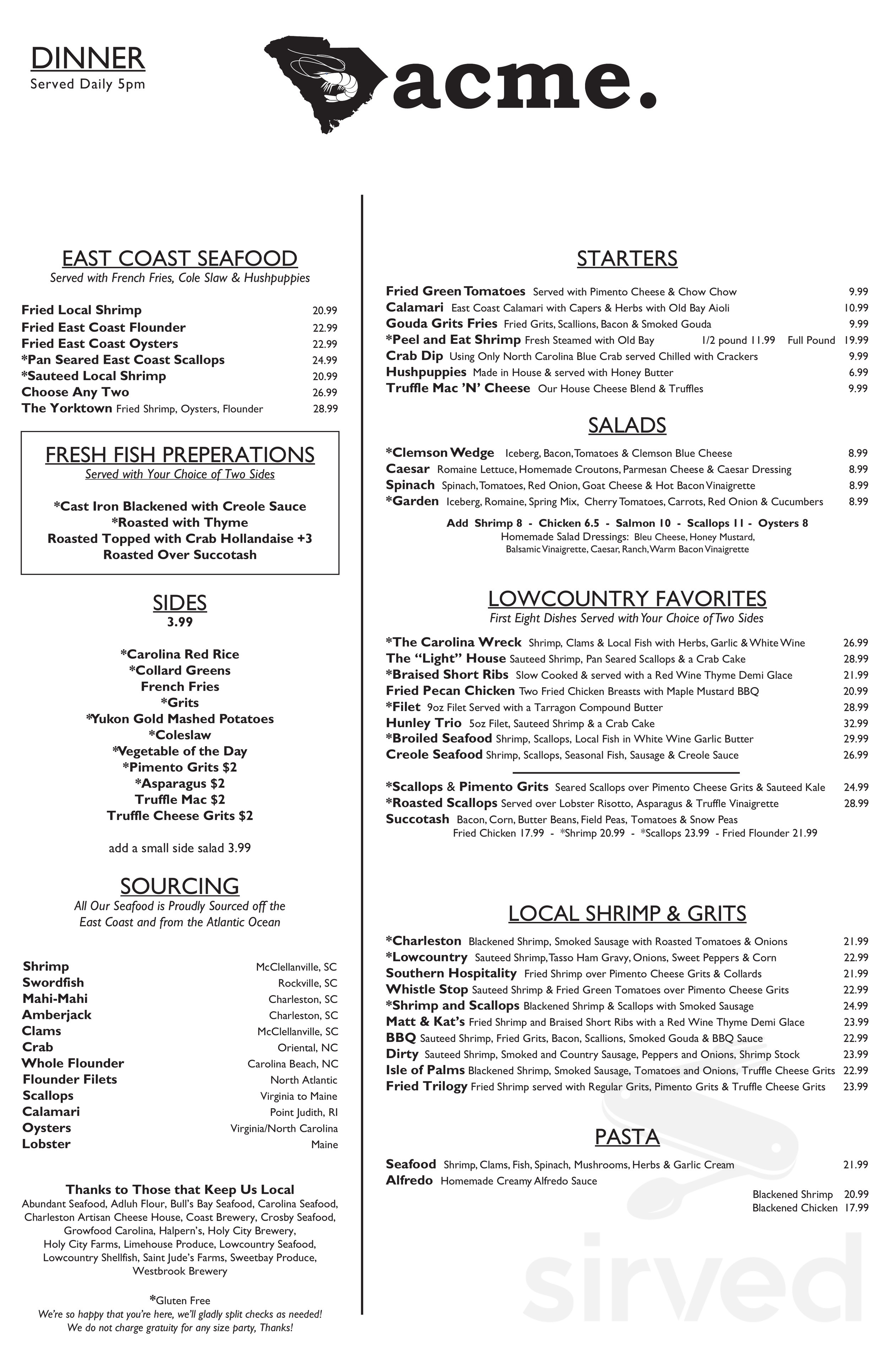 Acme Lowcountry Kitchen menu in Isle of Palms, South Carolina, USA