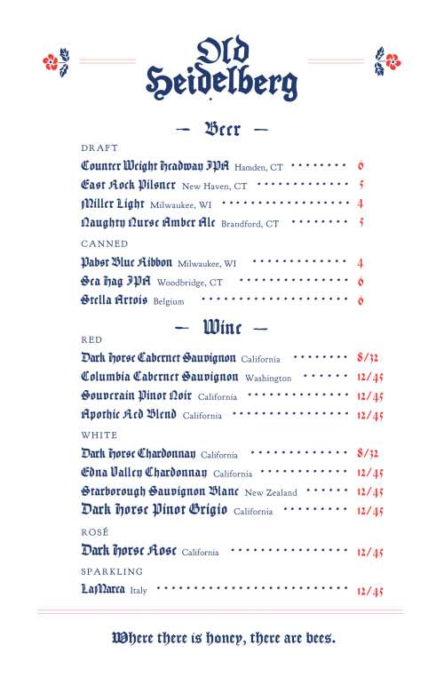 Old Heidelberg menu in New Haven, Connecticut, USA
