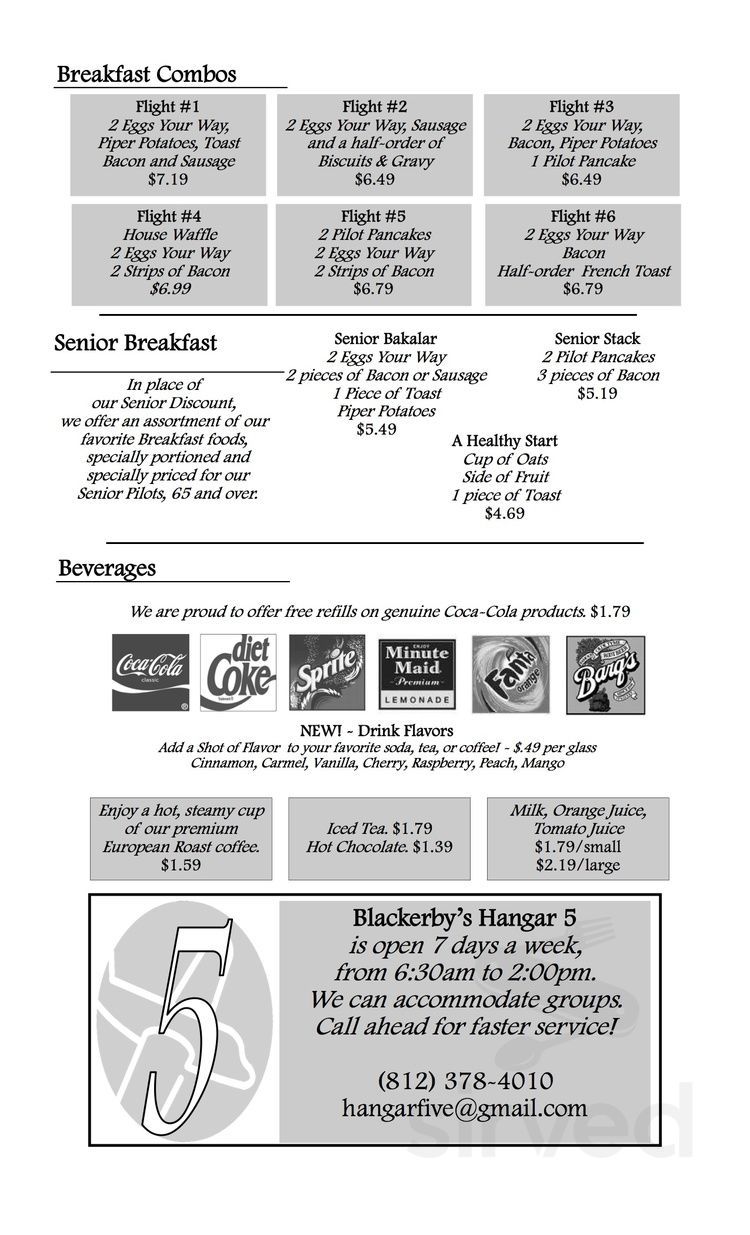 Blackerby's Hangar 5 Restaurant menu in Columbus, Indiana, USA