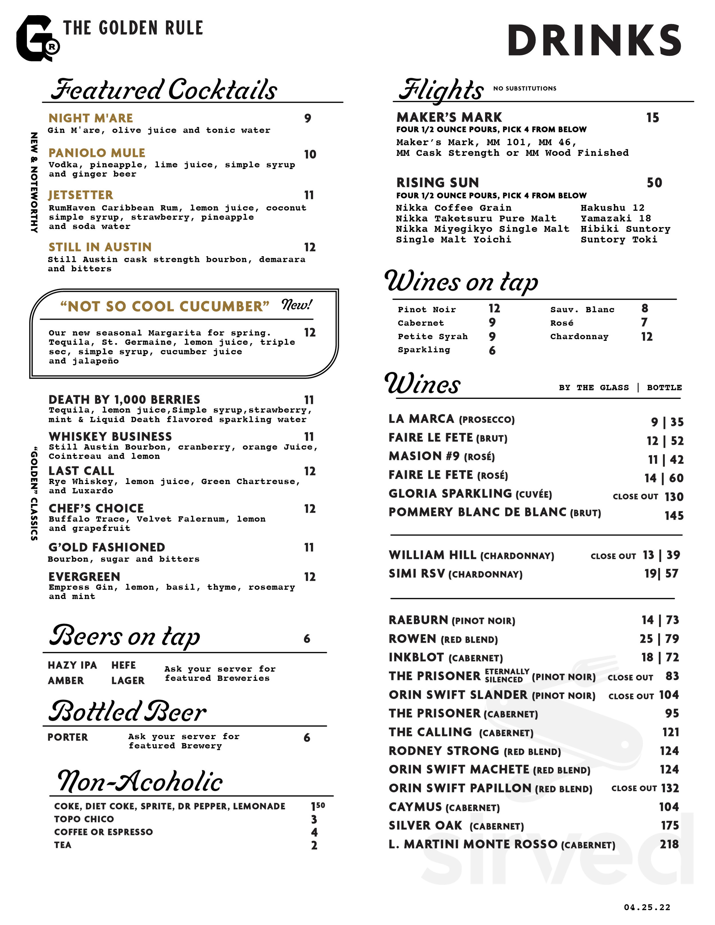 The Golden Rule menu in Georgetown, Texas, USA