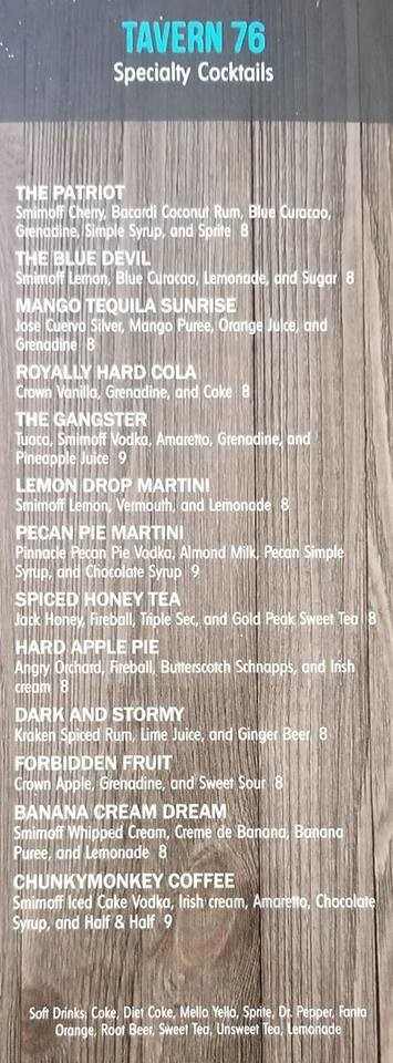 Tavern 76 menu in White House, Tennessee, USA
