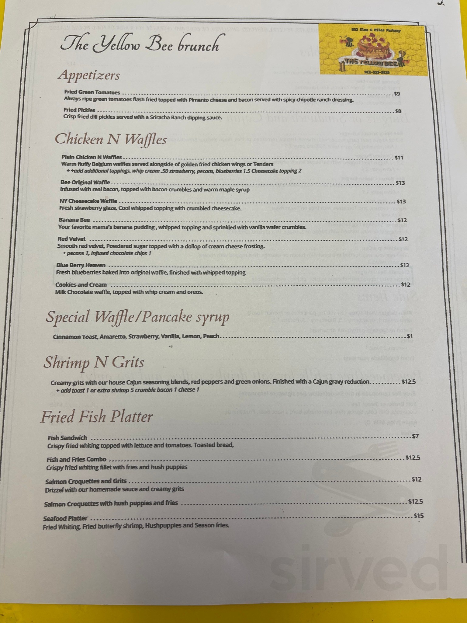 The Yellow Bee menu in Hinesville, Georgia, USA