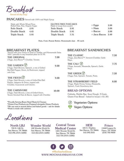 Mochas & Javas menu in San Marcos, Texas, USA