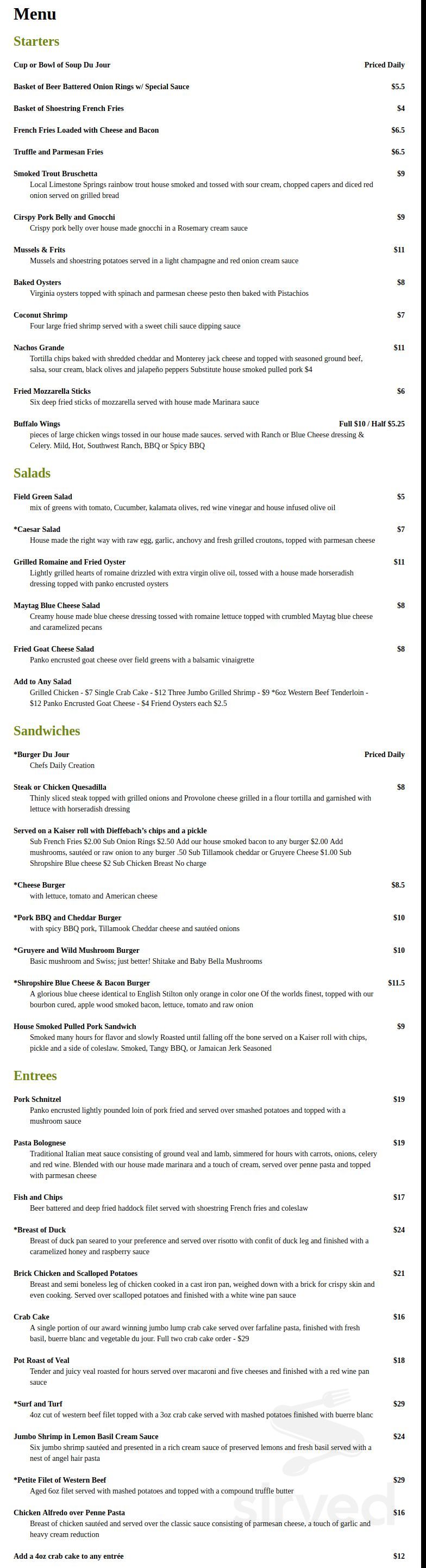 Menu - Myerstown PA's Porch Restaurant & Pub | Sirved