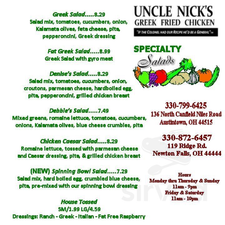 Uncle Nick's Greek Fried Chicken menu in Youngstown, Ohio, USA