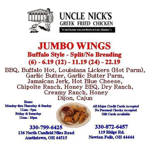 Uncle Nick's Greek Fried Chicken menu in Youngstown, Ohio, USA