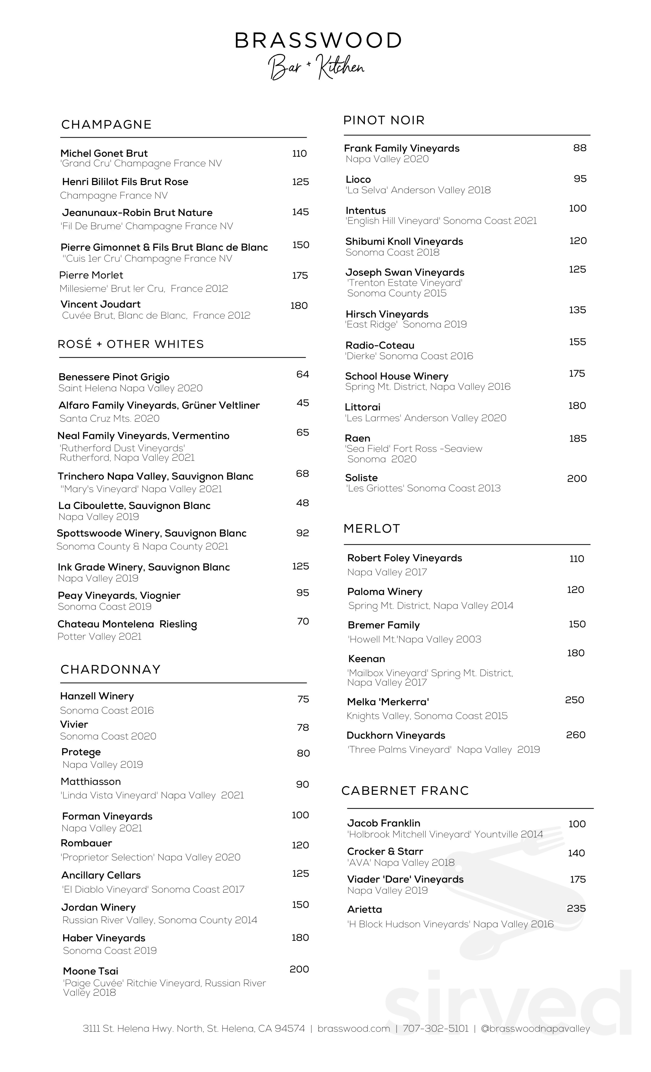 Brasswood Cellars menu in St Helena, California, USA