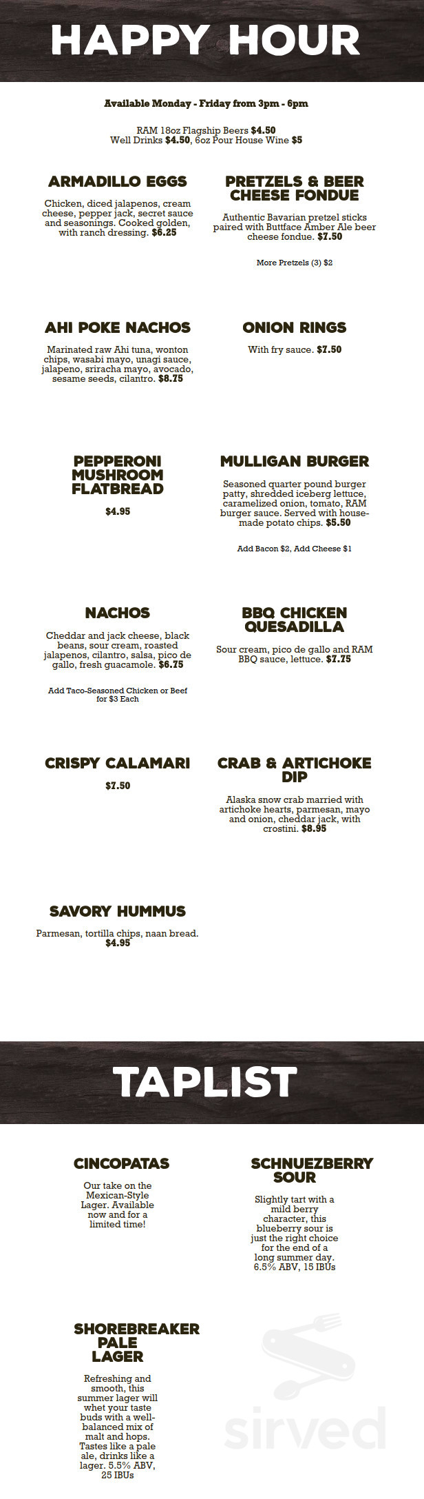 Menu for Ram Restaurant & Brewery in Lacey, WA | Sirved