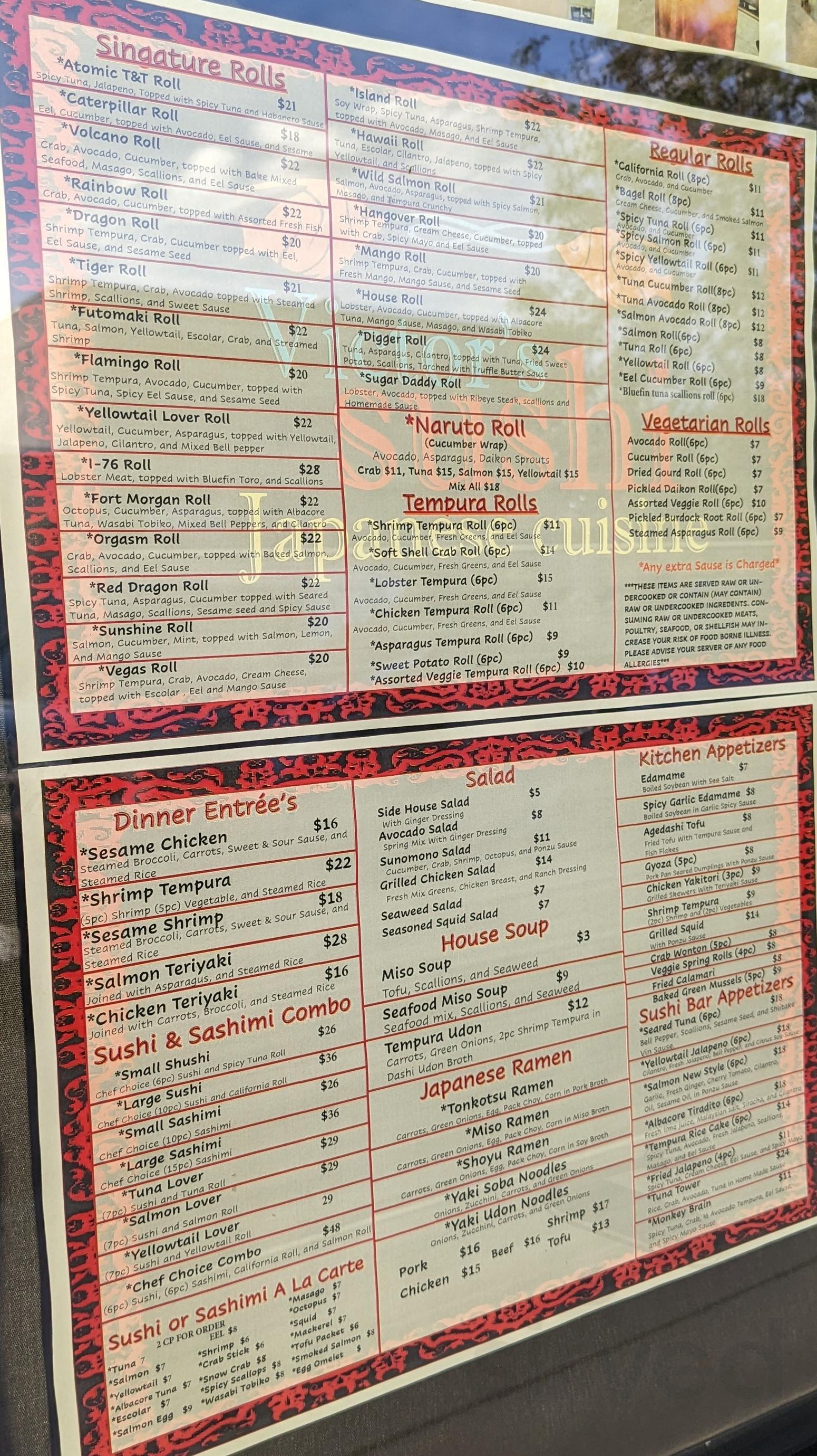 Victor's sushi menu in Brush, Colorado, USA