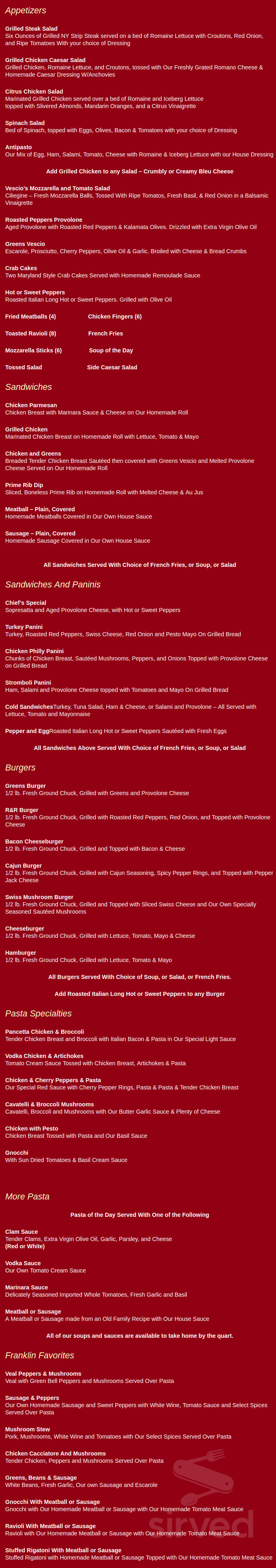 Menu for Franklin Hotel in Rome, NY | Sirved
