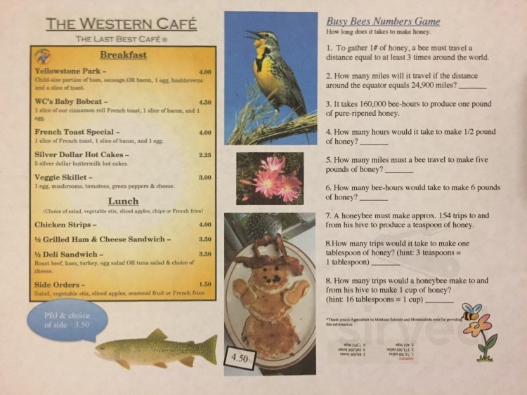 Western Café menu in Bozeman, Montana, USA