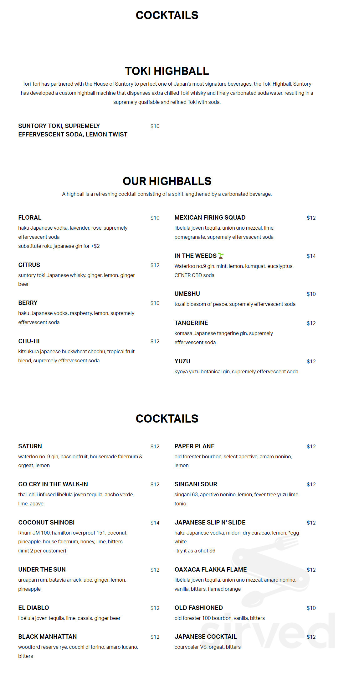 Menu for TORI TORI in Orlando, FL | Sirved