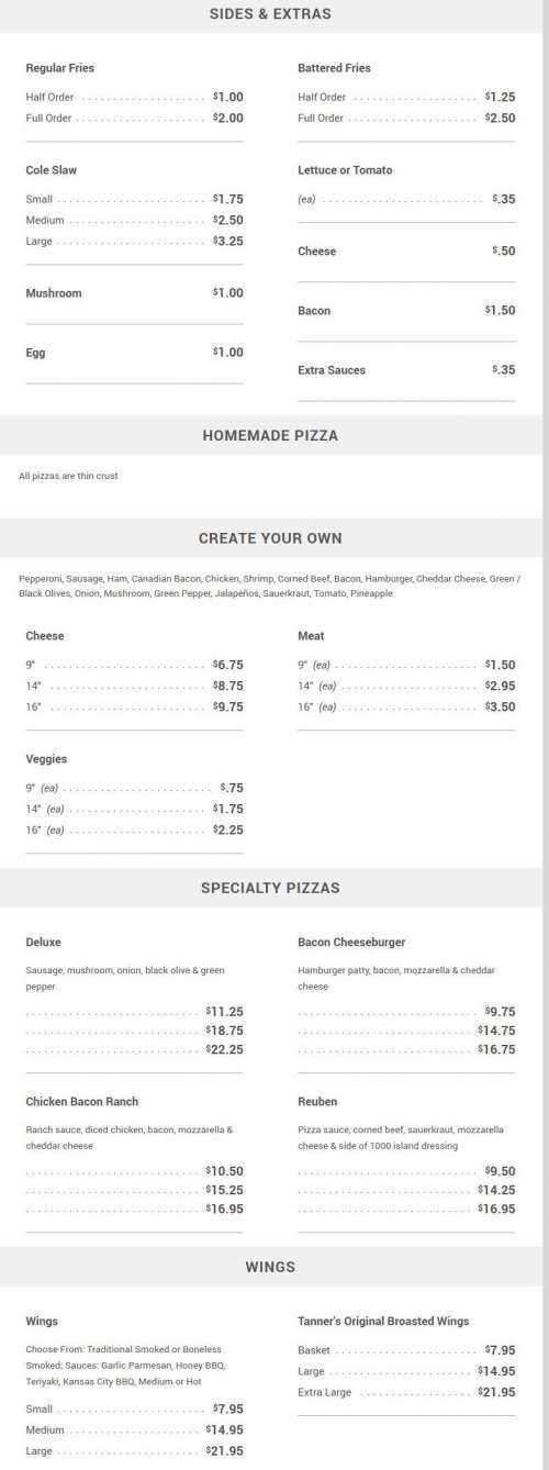 Tanners Tap & Grill menu in Omro, Wisconsin, USA