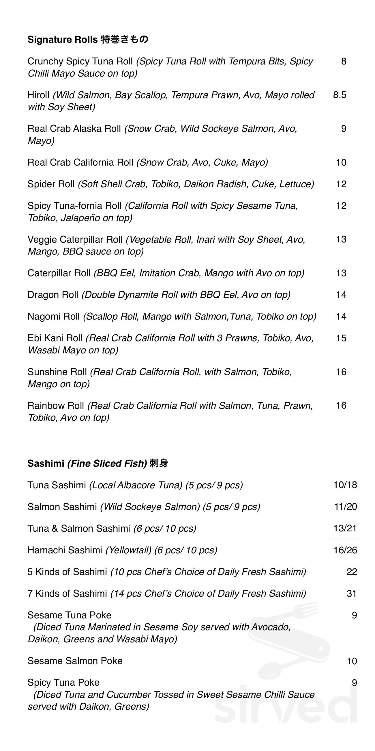 Sushi Bar Nagomi menus in Gibsons, British Columbia, Canada