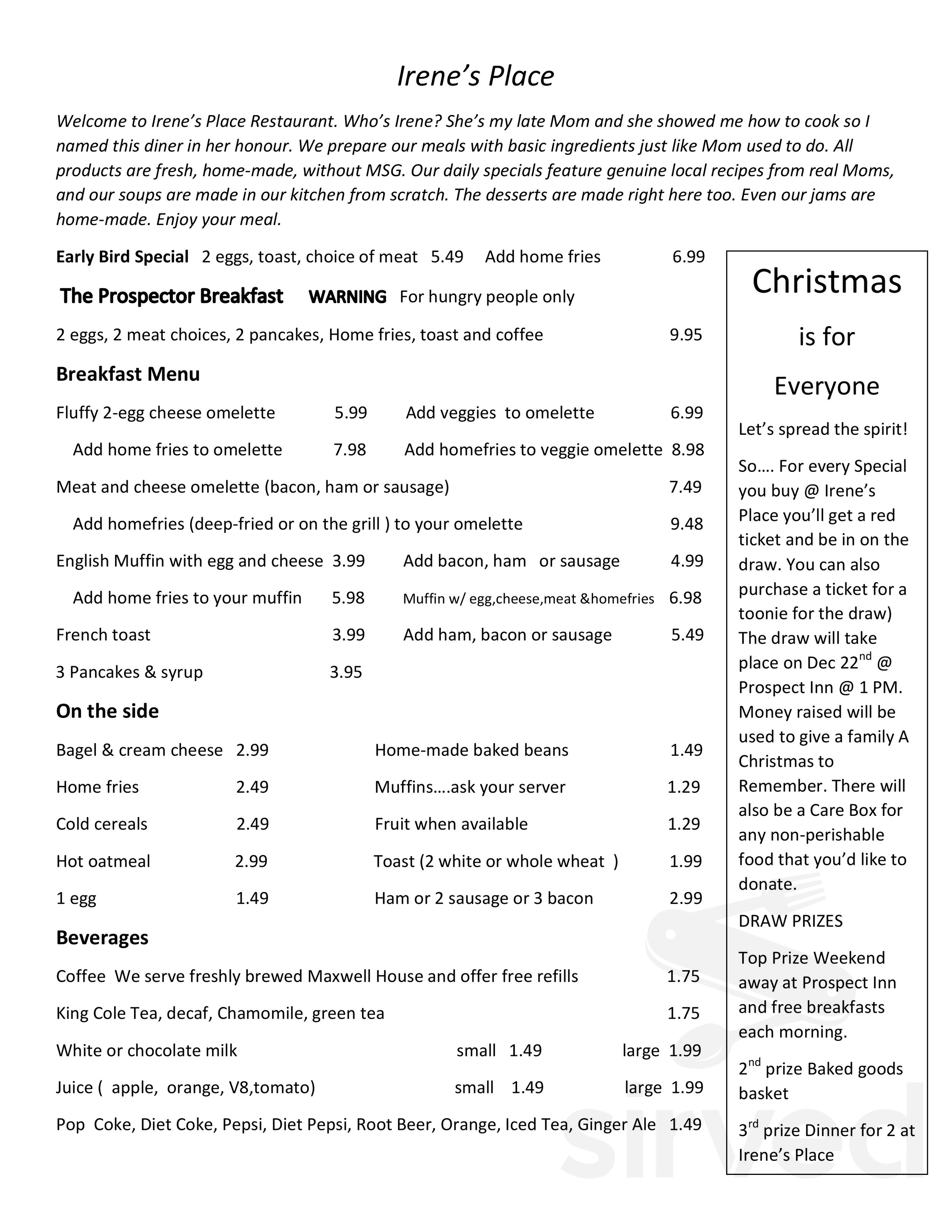 Irene's Place Restaurant menus in Fredericton, New Brunswick, Canada