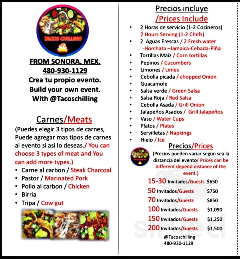 Tacos “Chilling” Estilo sonora menu in Buckeye, Arizona, USA