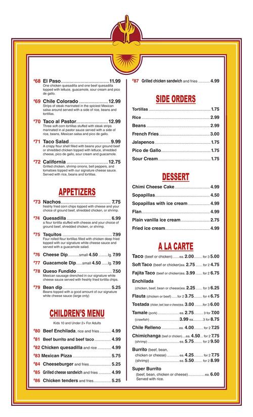 La Hacienda menu in Opelousas, Louisiana, USA