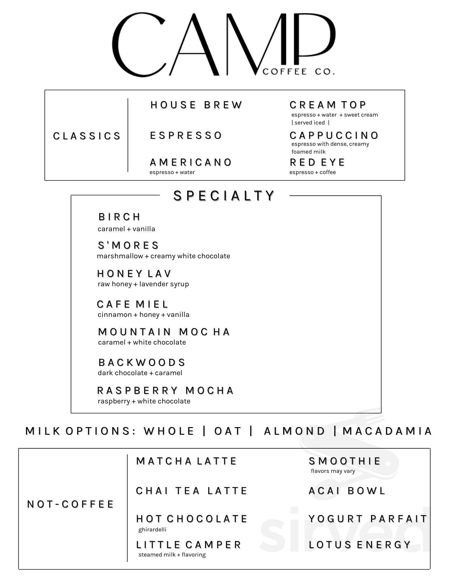 Menu - L'Anse MI's Camp Coffee - Mobile | Sirved
