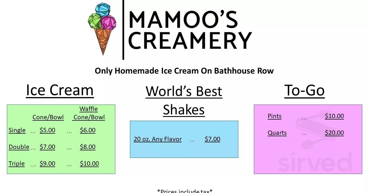 Mamoo's Creamery menu in Hot Springs National Park, Arkansas, USA