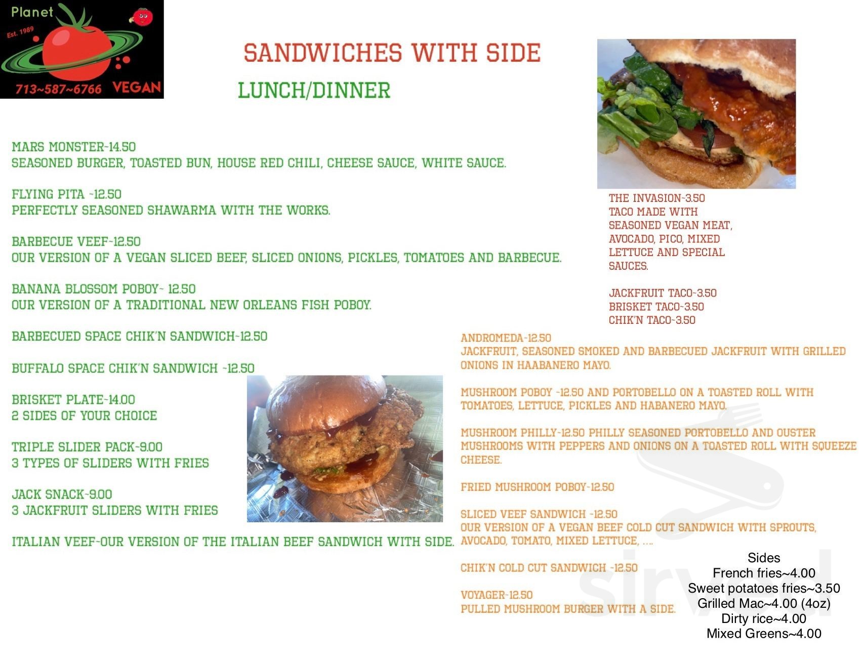 Planet Vegan menu in Houston, Texas, USA