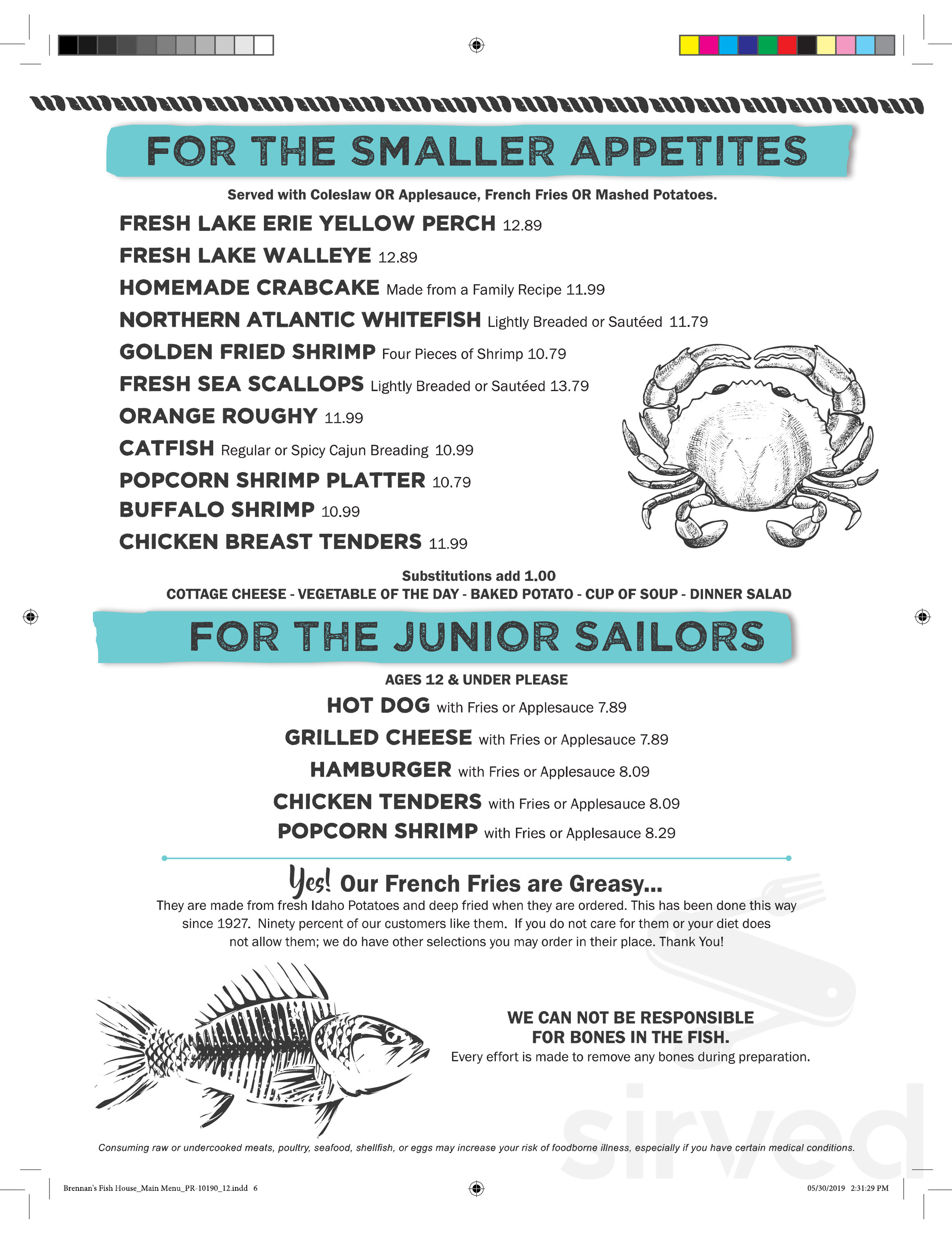 Brennan's Fish House menu in Grand River, Ohio, USA