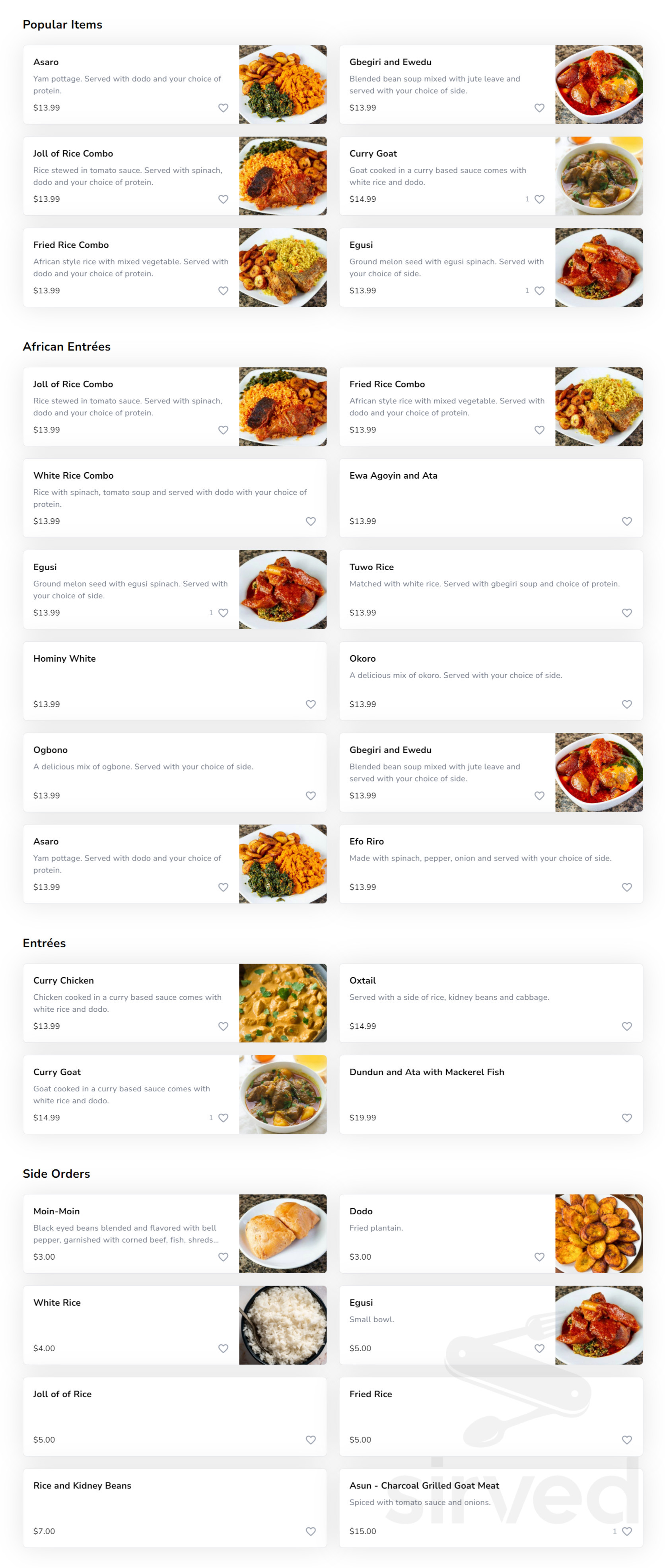 Menu - Baltimore MD's Shekinah Glory African Restaurant | Sirved