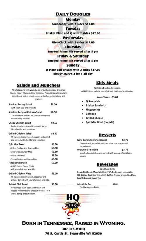 HQ Southern BBQ menu in Evansville, Wyoming, USA
