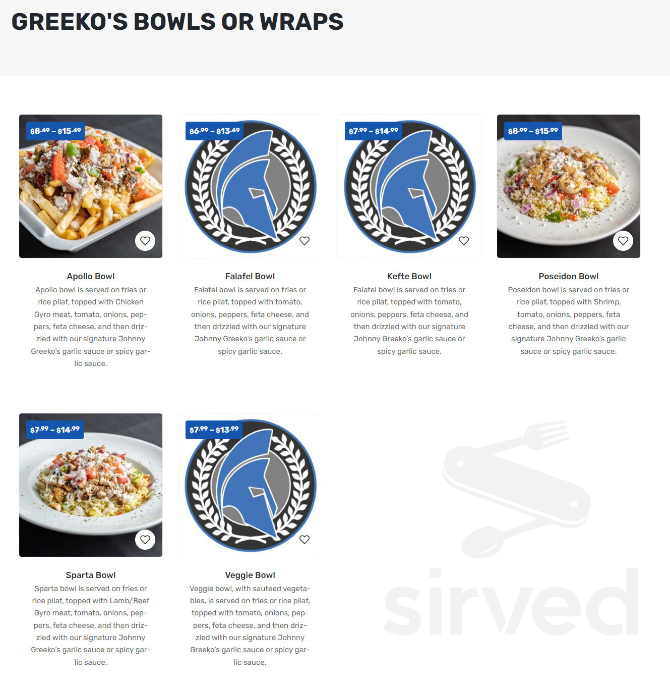 Johnny Greekos menu in Paris, Ontario, Canada