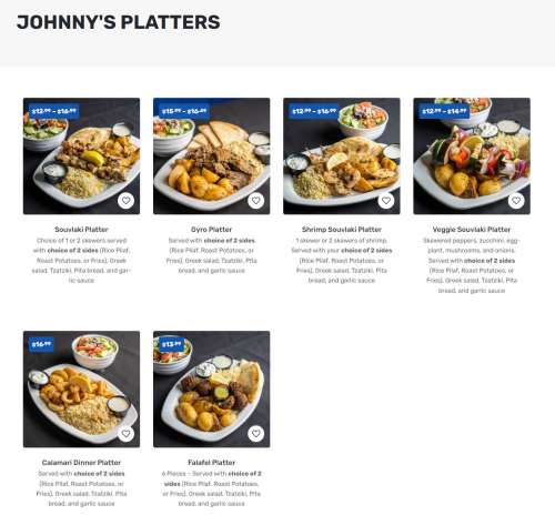 Johnny Greekos menu in Brantford, Ontario, Canada