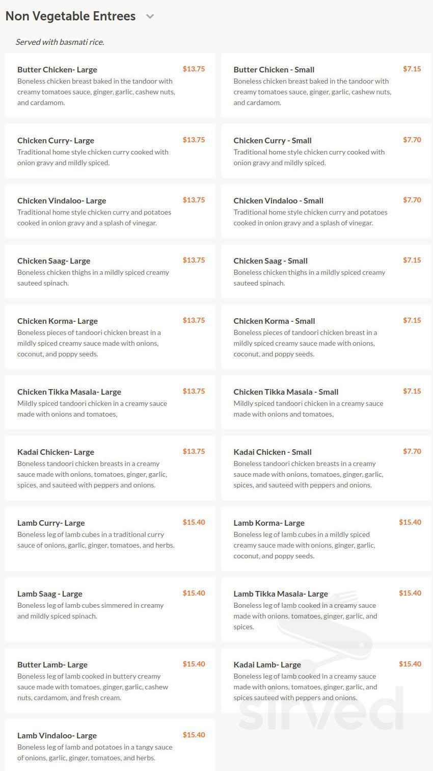 Incredible India menu in Cedar Falls, Iowa, USA