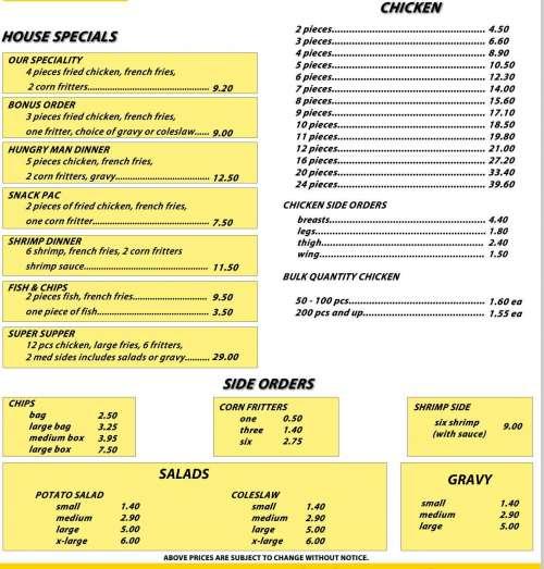 Chicken On The Way menu in Calgary, Alberta, Canada