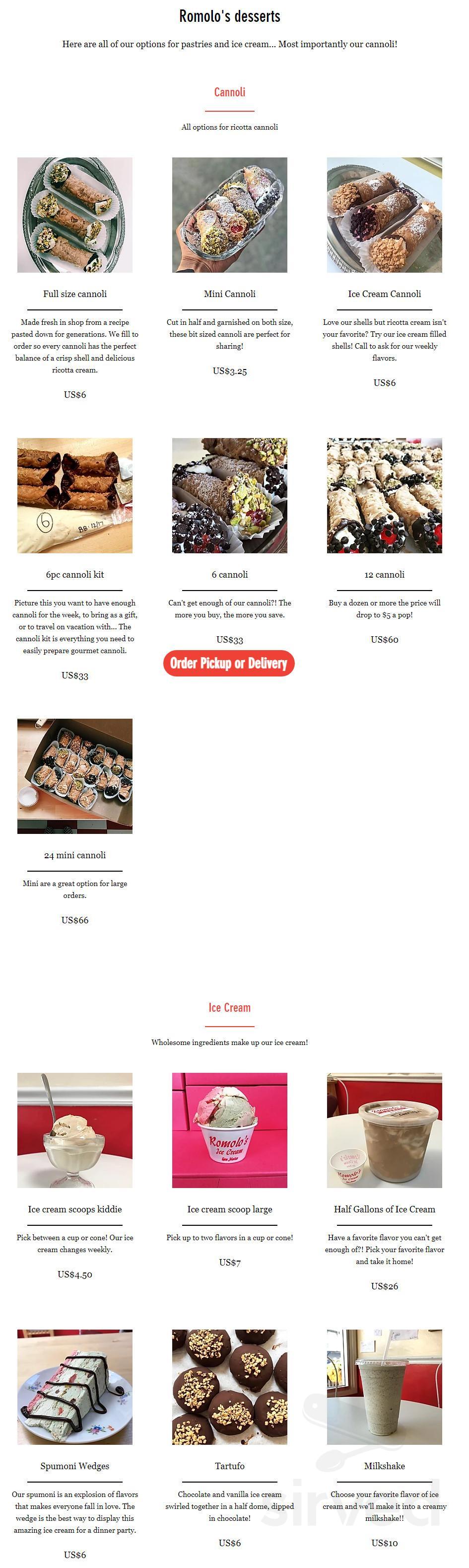 Romolo's Cannoli menu in San Mateo, California, USA