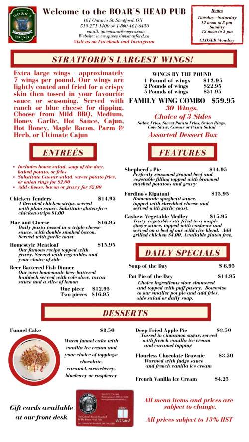 Boars Head menu in Canton, Ohio, USA