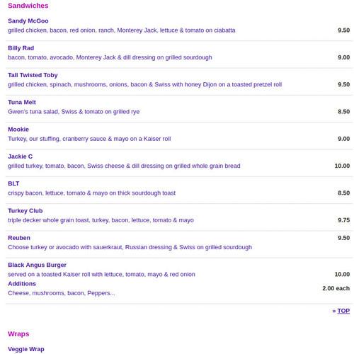 When Pigs Fly menu in Waterford, Connecticut, USA