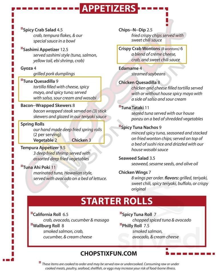 Chopstix menu in Winston-Salem, North Carolina, USA