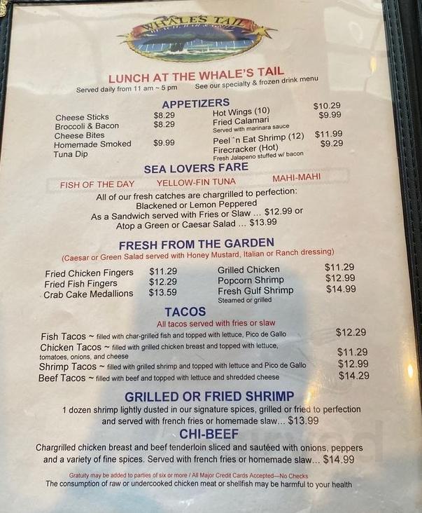 Menu - Miramar Beach FL's The Whale's Tail Beach Bar & Grill | Sirved