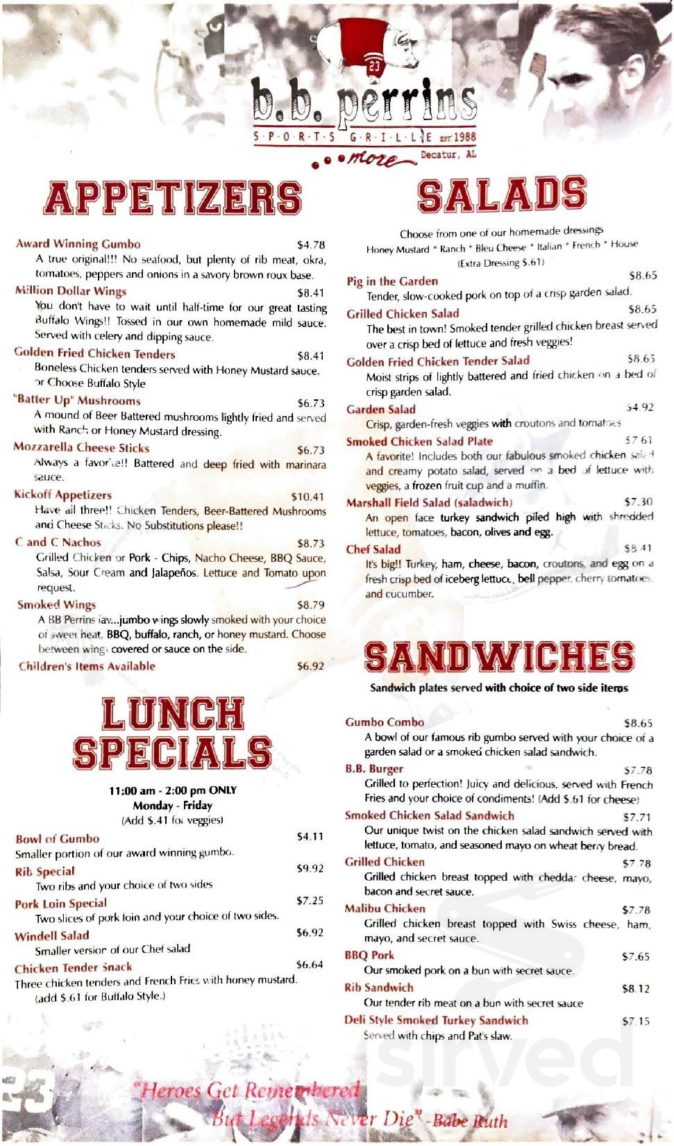 Menu for b.b. Perrins Sports Grille in Decatur, AL | Sirved