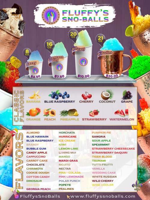 Fluffy's Sno-Balls menu in Long Beach, California, USA