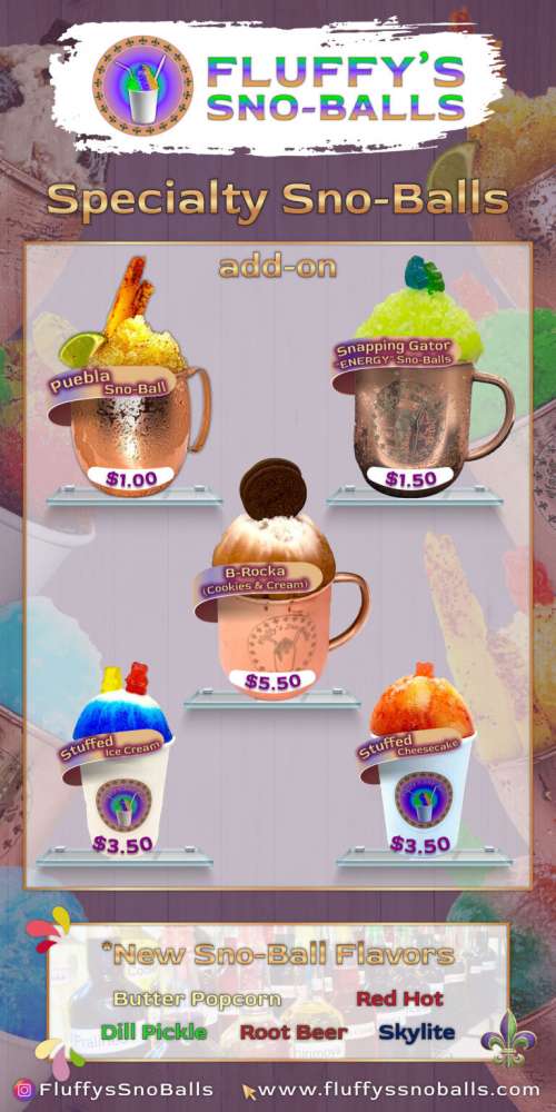 Fluffy's Sno-Balls menu in Long Beach, California, USA