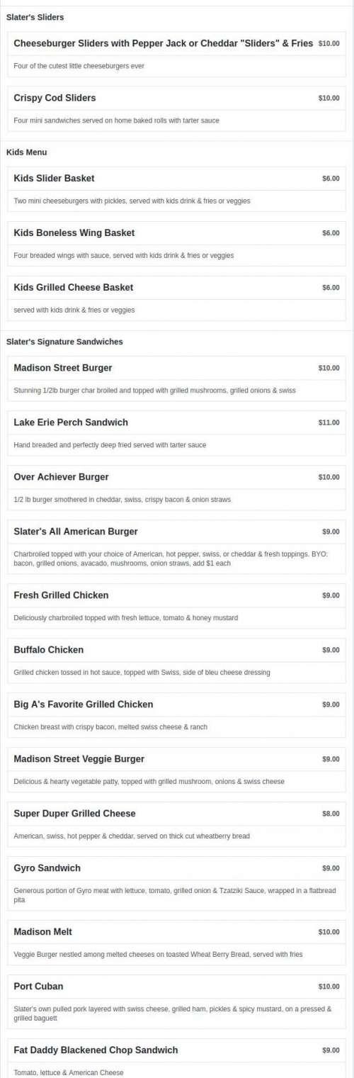 Slater's Food & Spirits menu in Port Clinton, Ohio, USA