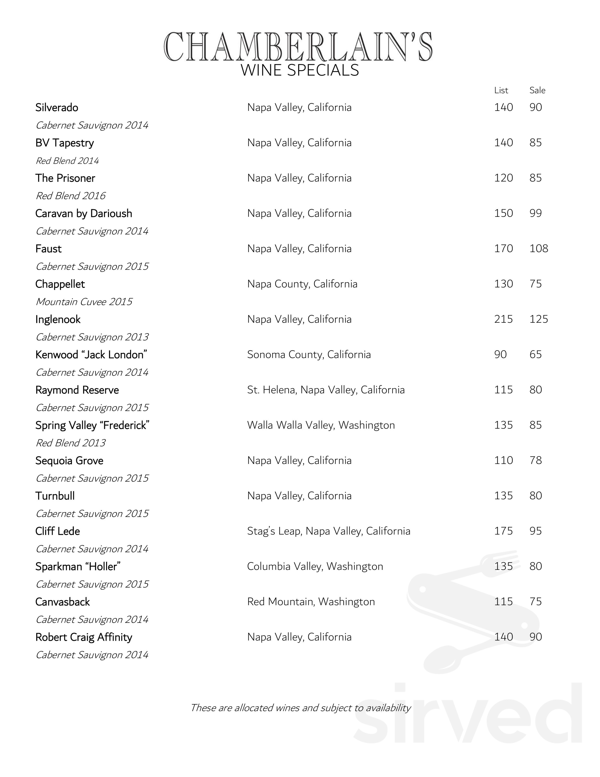 Chamberlain's Steak & Chop House menu in Dallas, Texas, USA