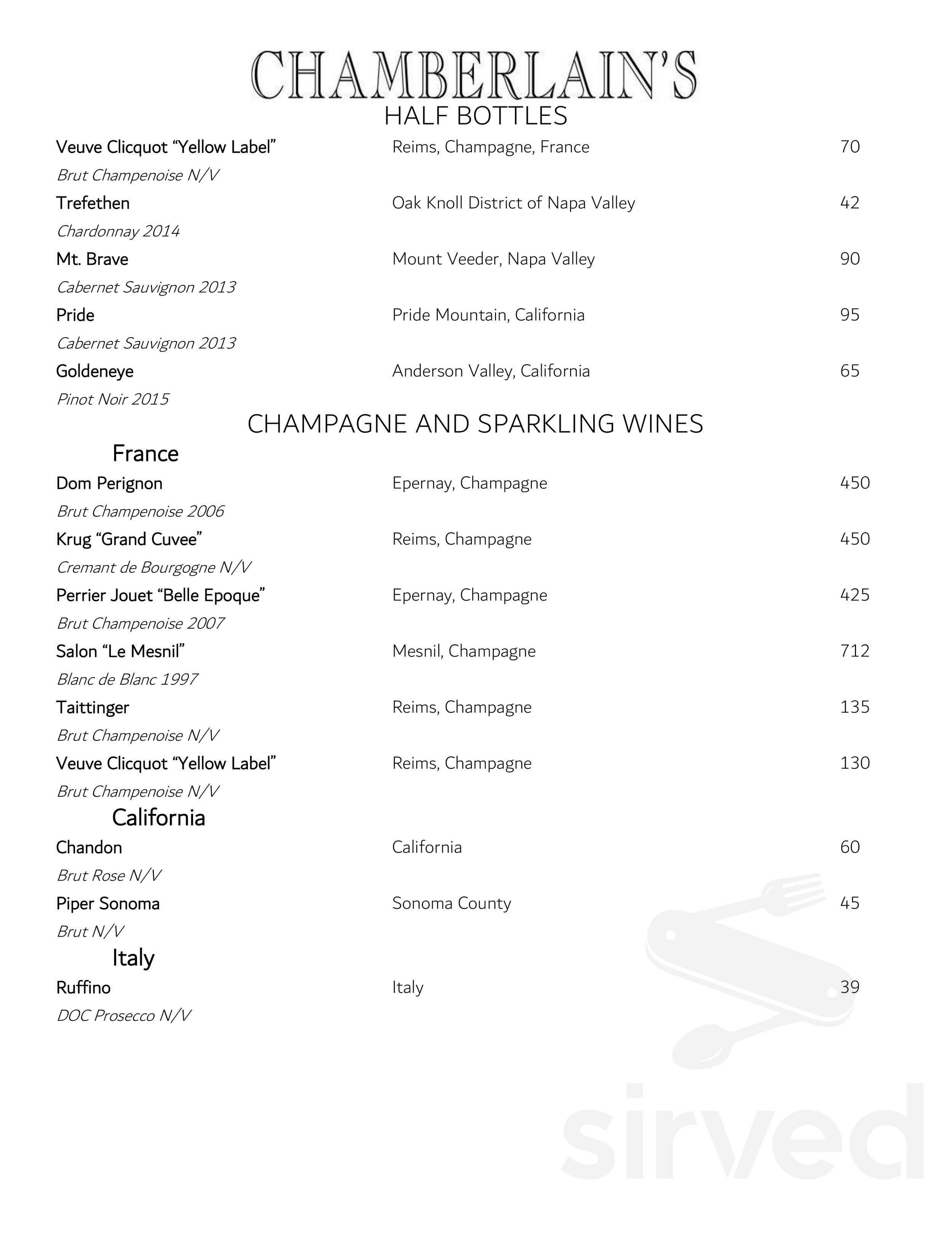 Chamberlain's Steak & Chop House menu in Dallas, Texas, USA