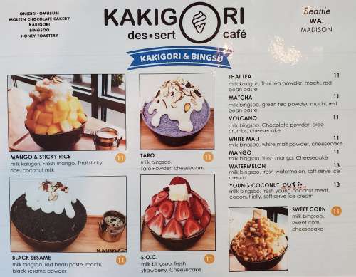 Kakigori dessert cafe menu in Seattle, Washington, USA