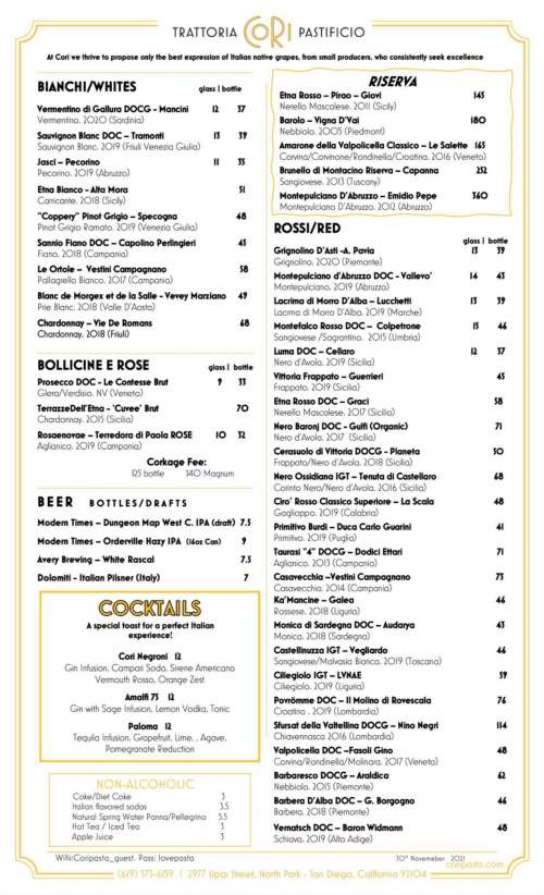 Cori Pastificio Trattoria menu in San Diego, California, USA