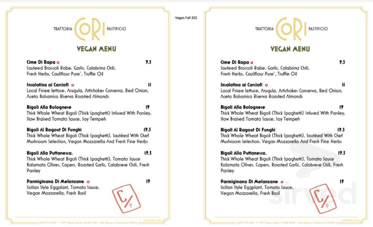 Cori Pastificio Trattoria menu in San Diego, California, USA
