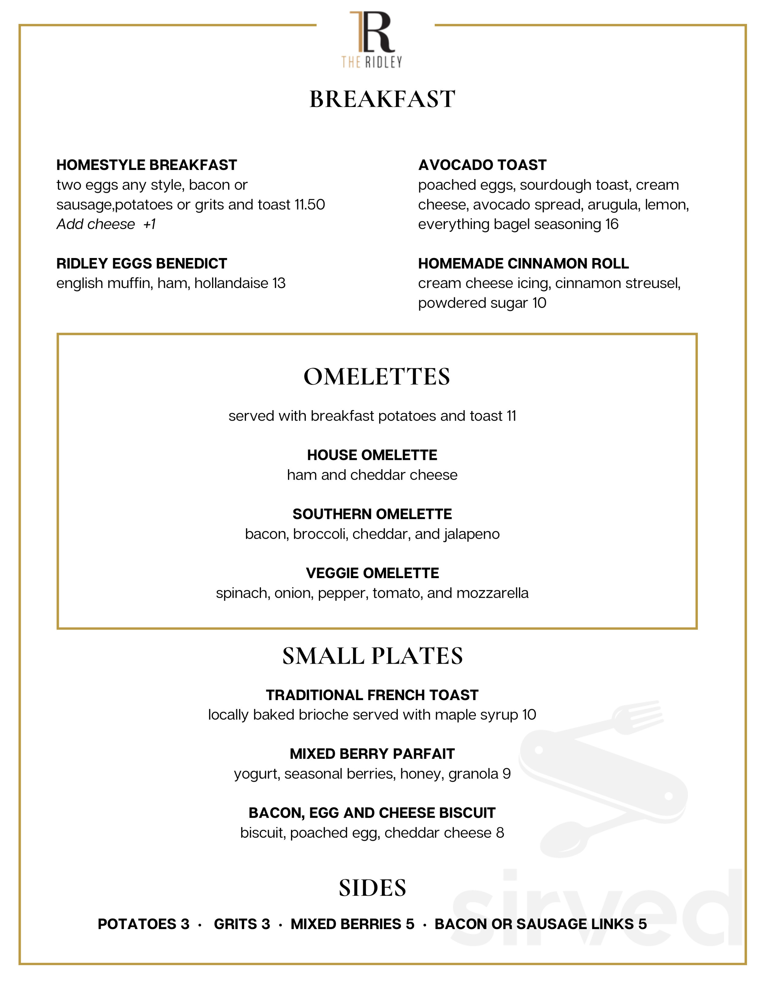 The Ridley menu in Charlottesville, Virginia, USA