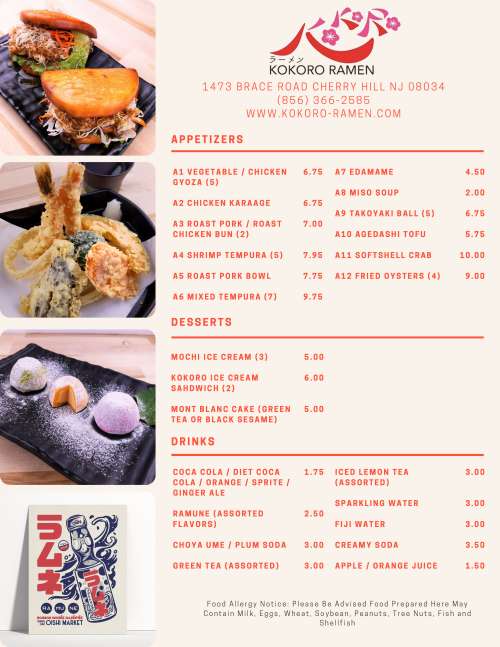 Kokoro Ramen menu in Cherry Hill, New Jersey, USA
