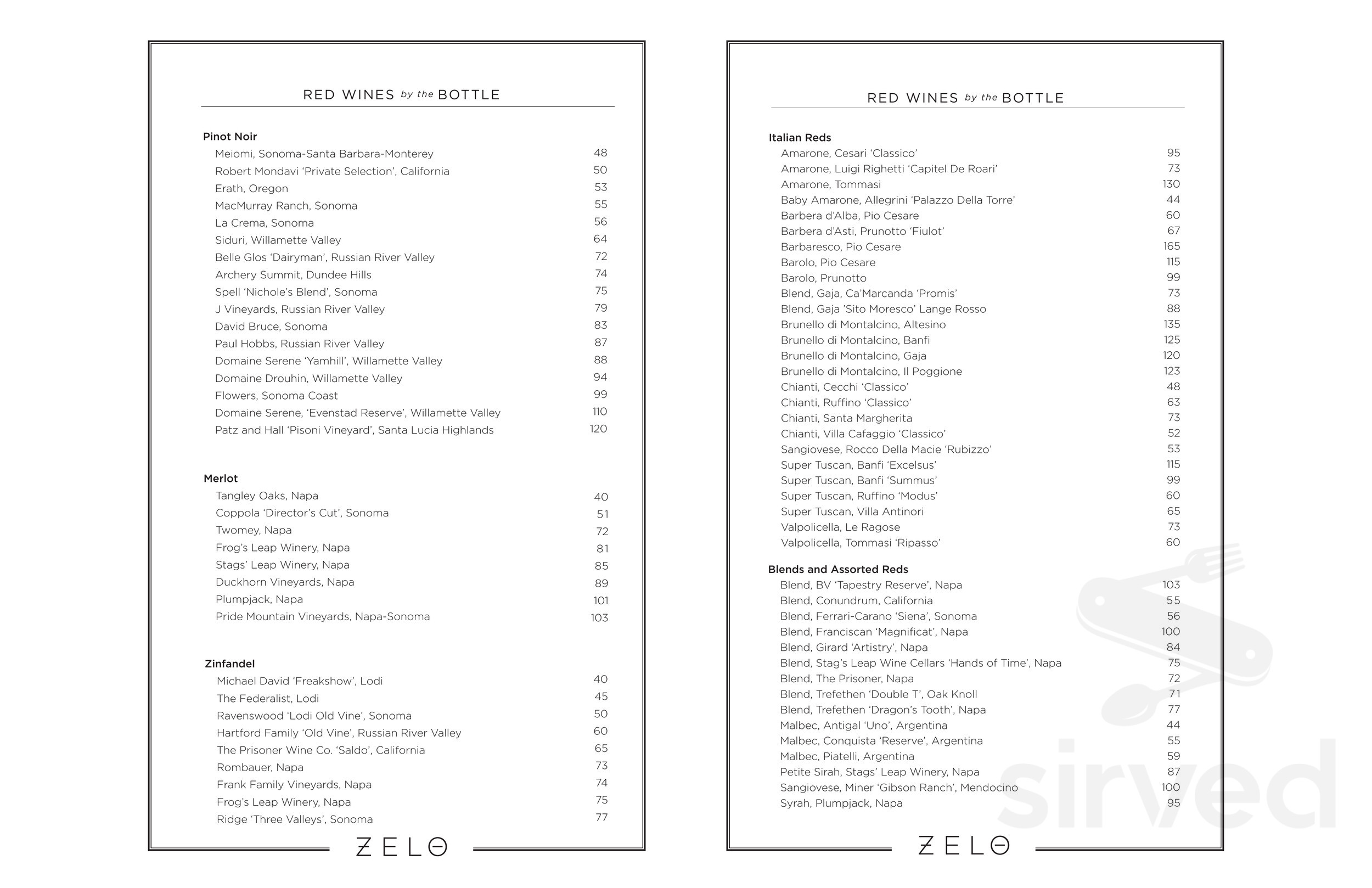 Zelo menu in Minneapolis, Minnesota, USA