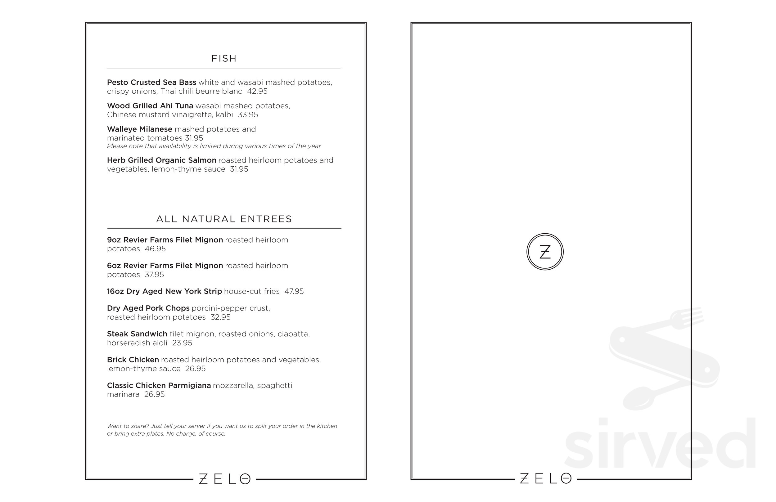 Zelo menu in Minneapolis, Minnesota, USA